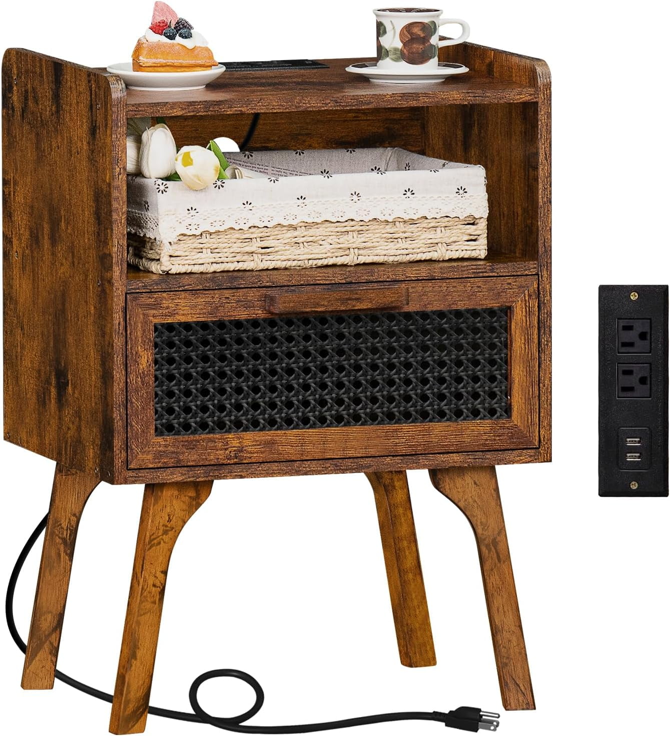 Rattan Nightstand with Charging Station, Boho Side Table with Drawer ...