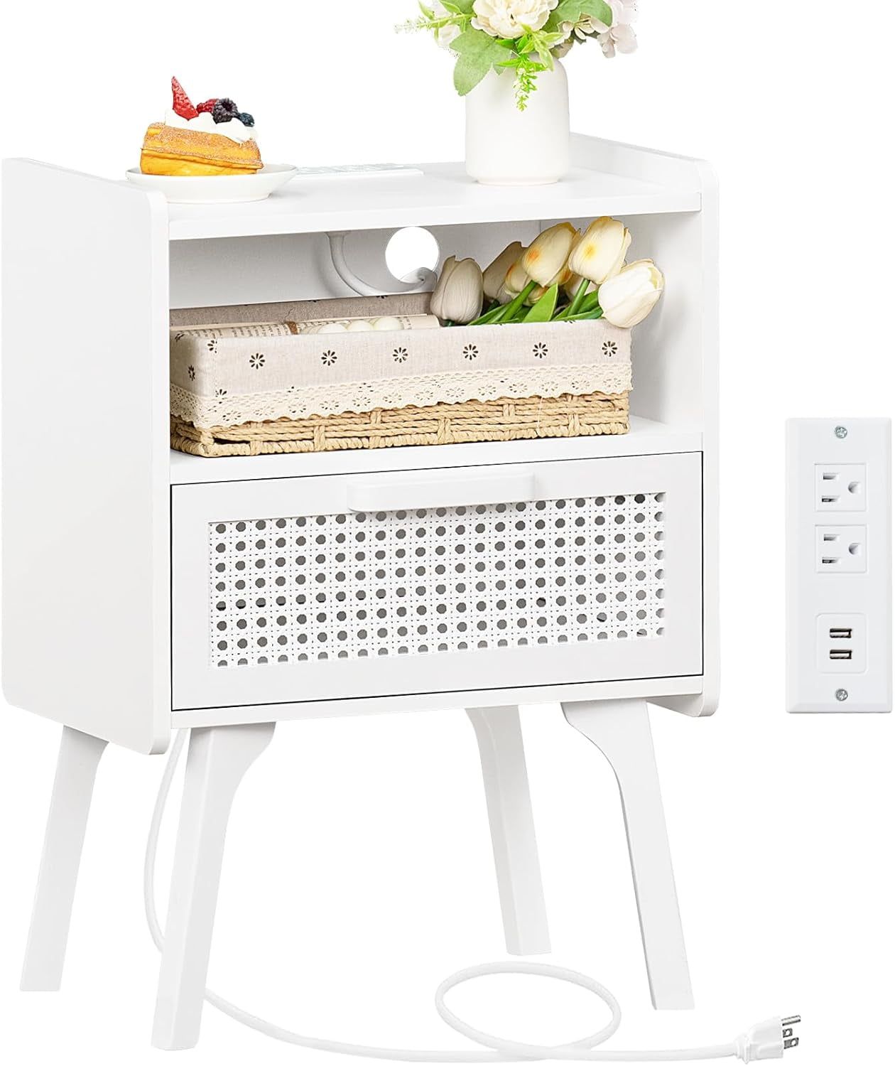 Rattan Nightstand with Charging Station, Boho Side Table with Drawer ...