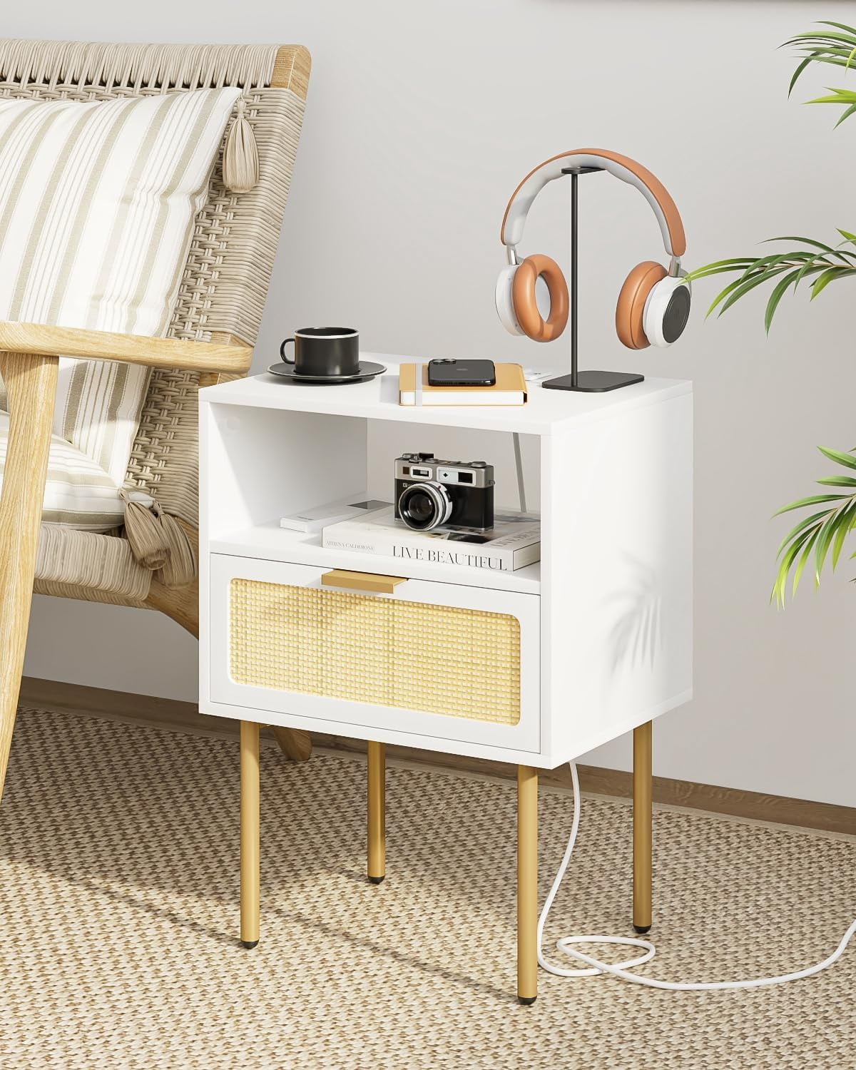 Rattan Nightstand with Charging Station, Drawer Dresser for Bedroom ...