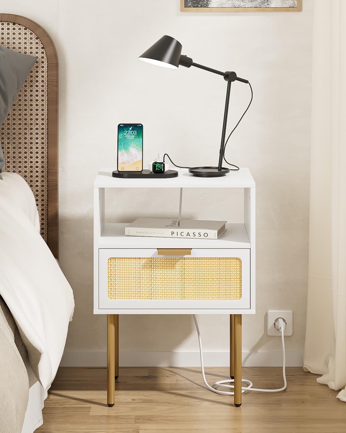 Rattan Nightstand with Charging Station, Drawer Dresser for Bedroom ...