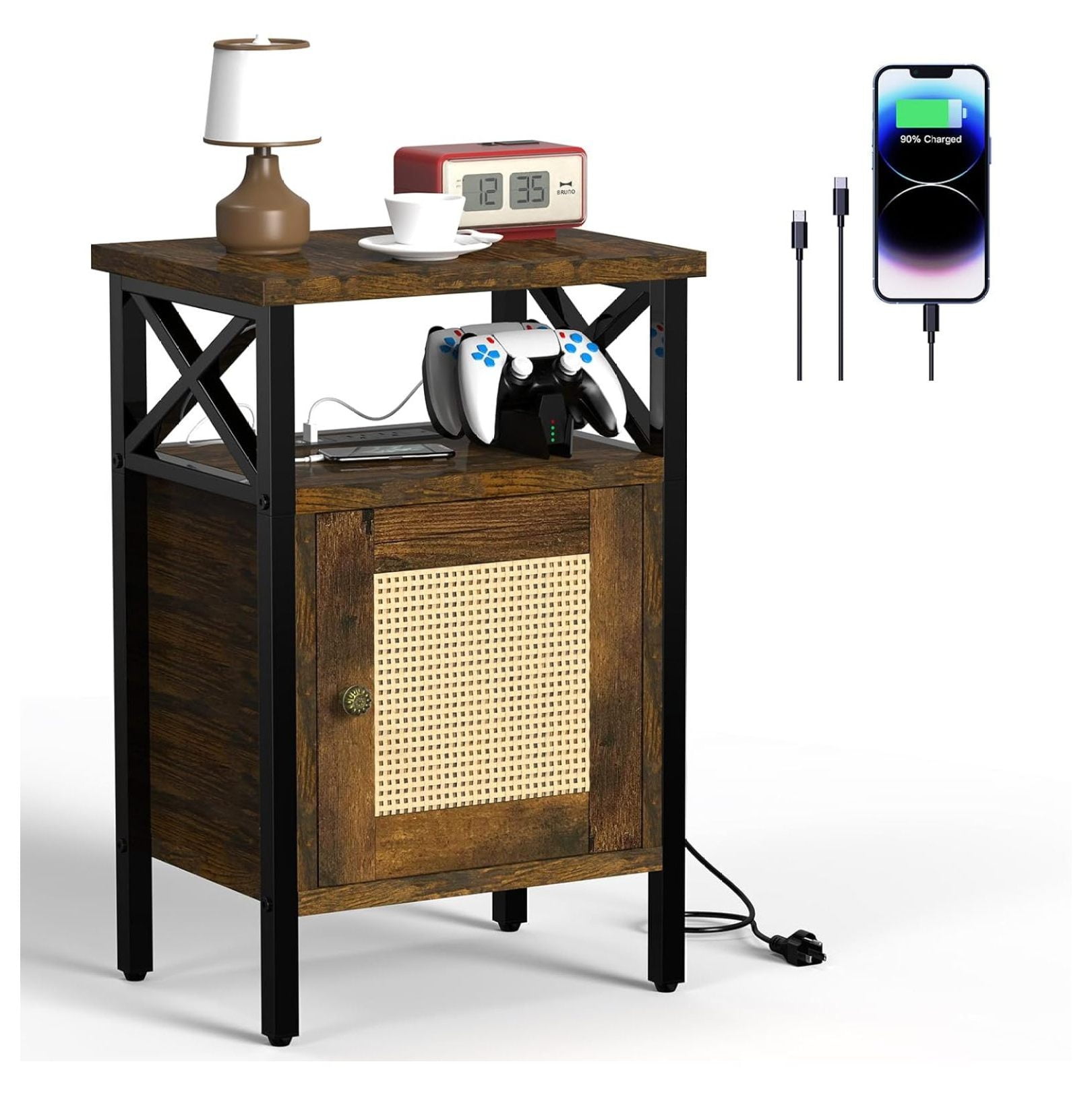 Rattan Nightstand with Charging Station, End Table with Type C Qick ...