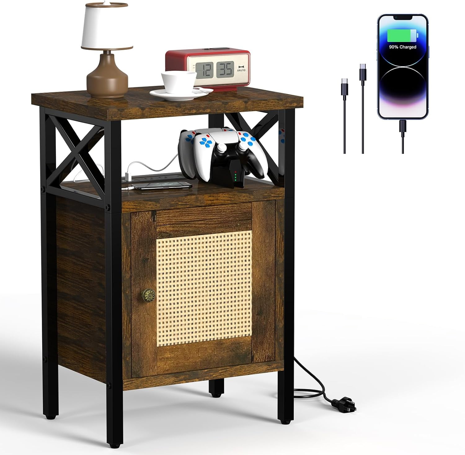 Rattan Nightstand with Charging Station, End Table with Type C Qick ...