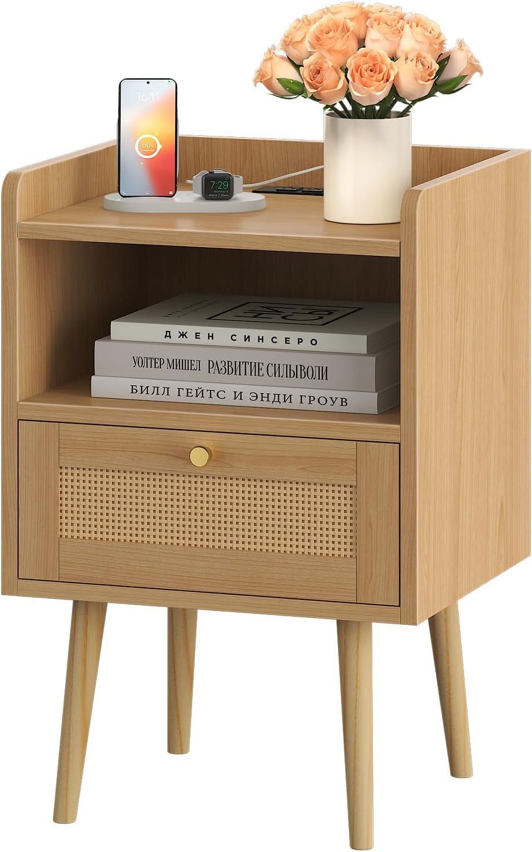 Rattan Nightstand with Charging Station, Mid Century Modern Bed Side ...