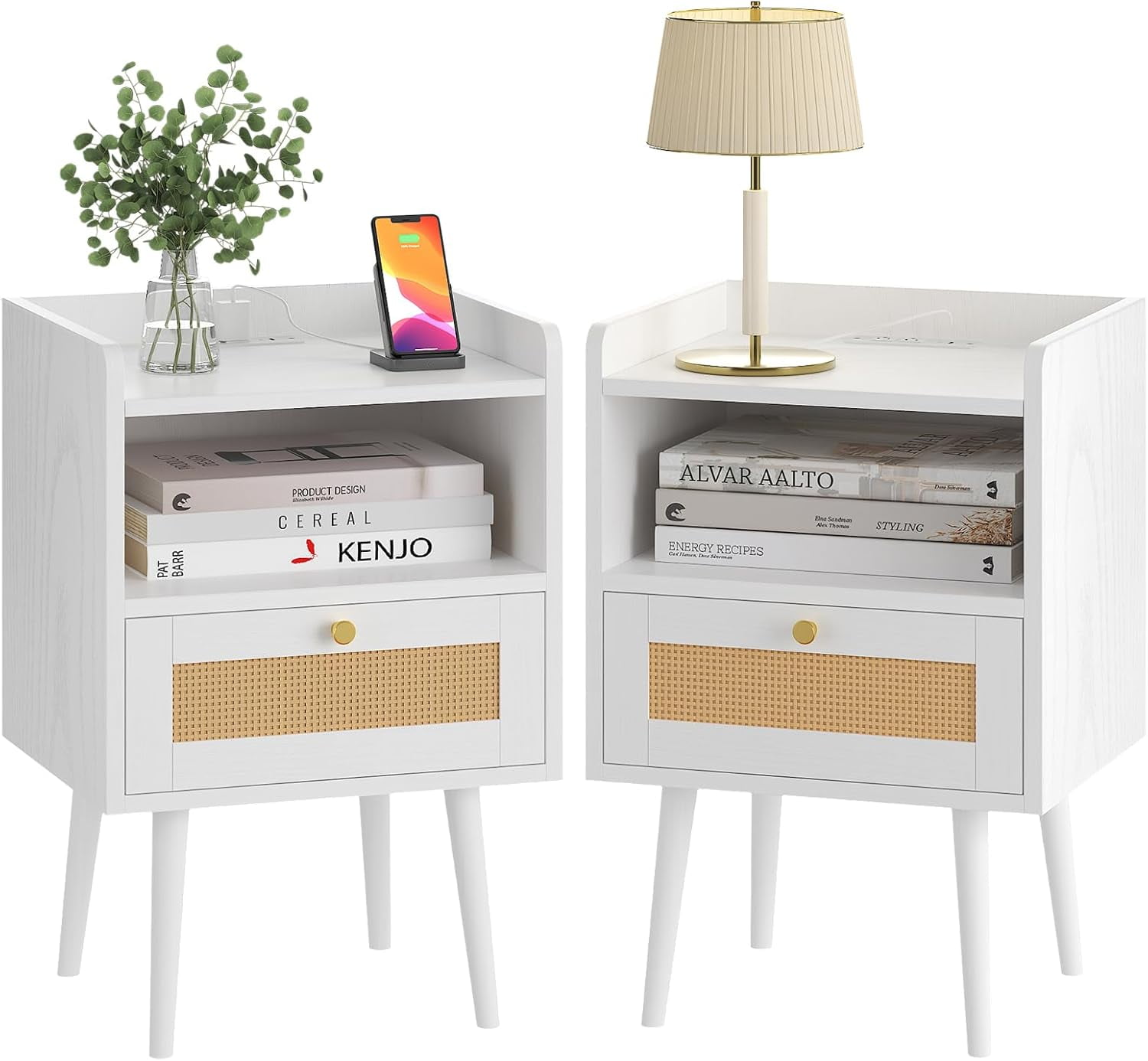 Rattan Nightstand with Charging Station, Mid Century Modern Bed Side ...