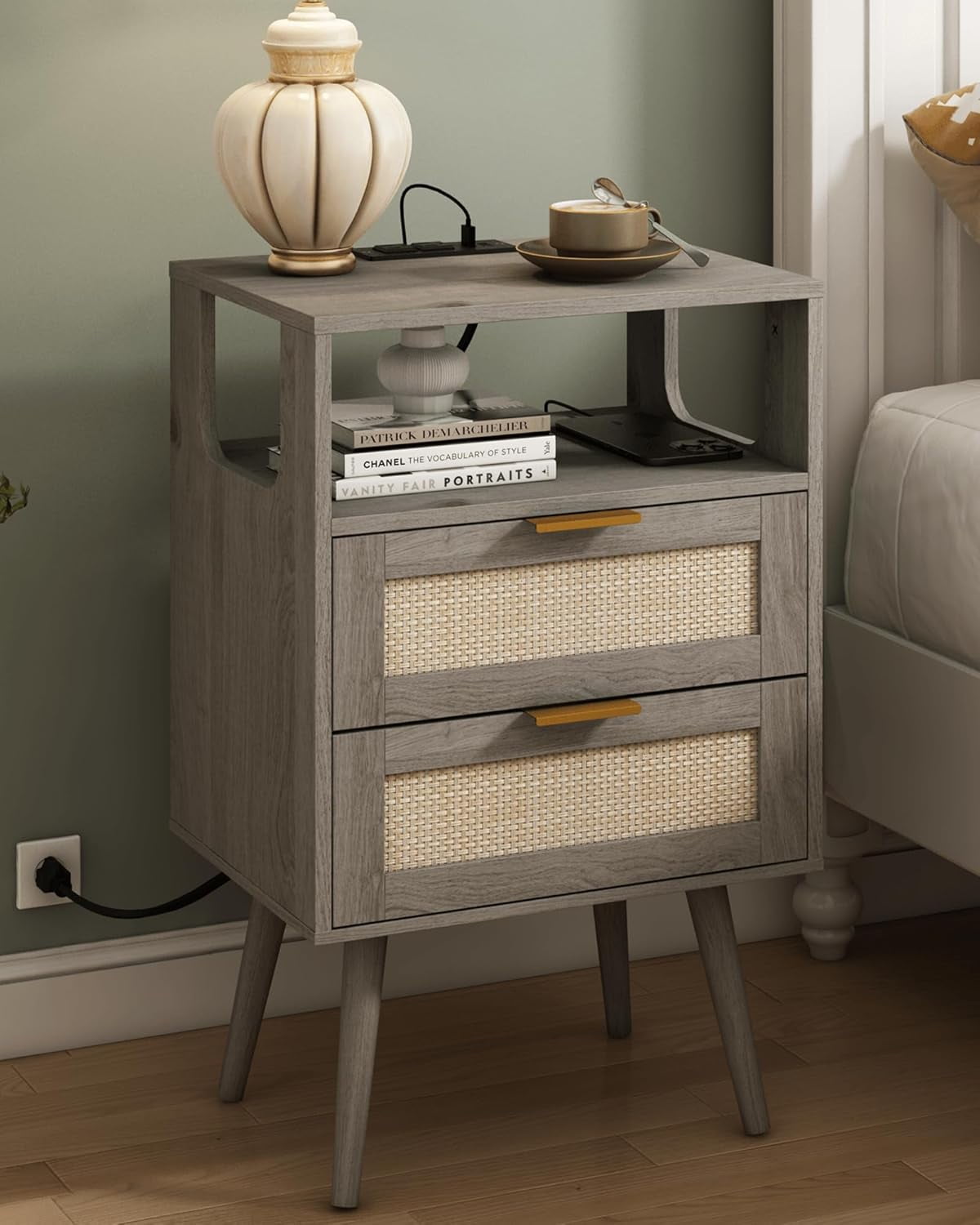 Rattan Nightstand with Charging Station,Modern Bedside Table with 2 ...