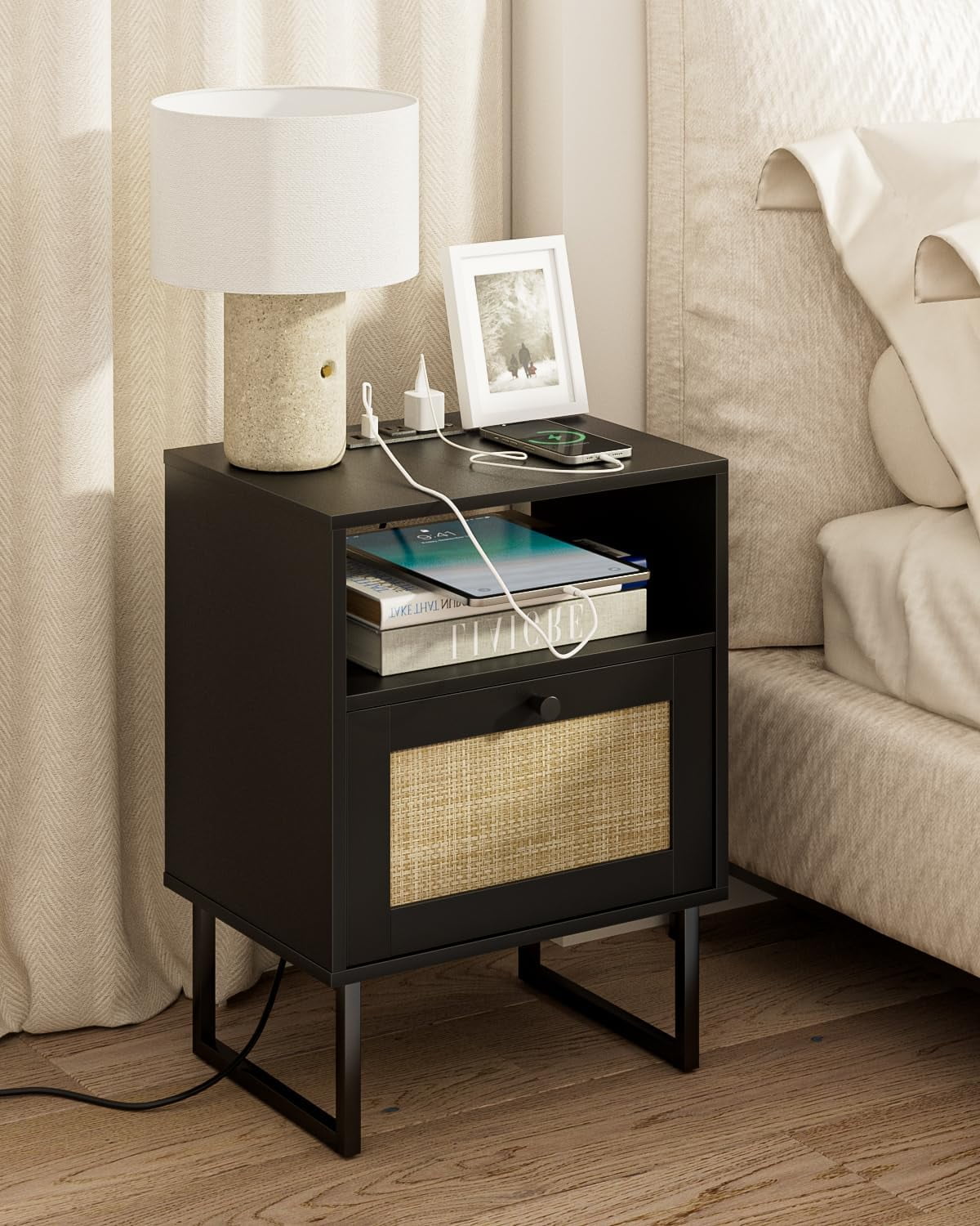 Rattan Nightstand with Charging Station,Modern Boho Farmhouse Wood ...