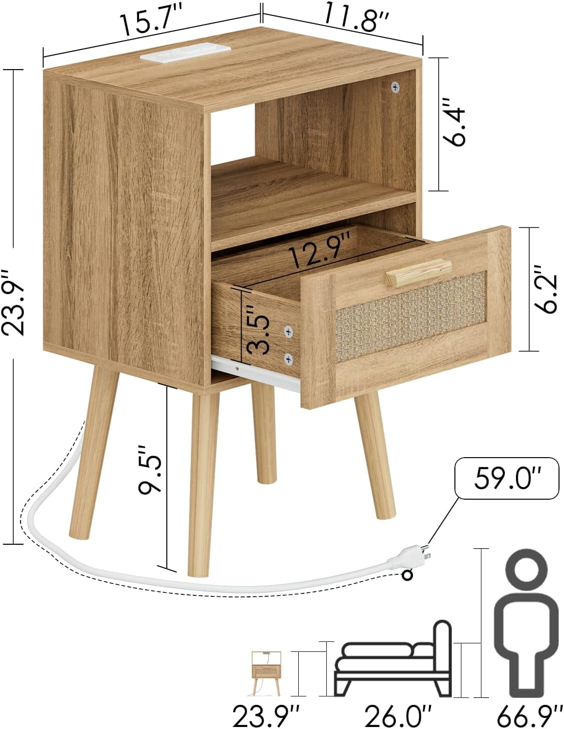 Rattan Nightstand with Charging Station, Small Night Stand, Side Table ...