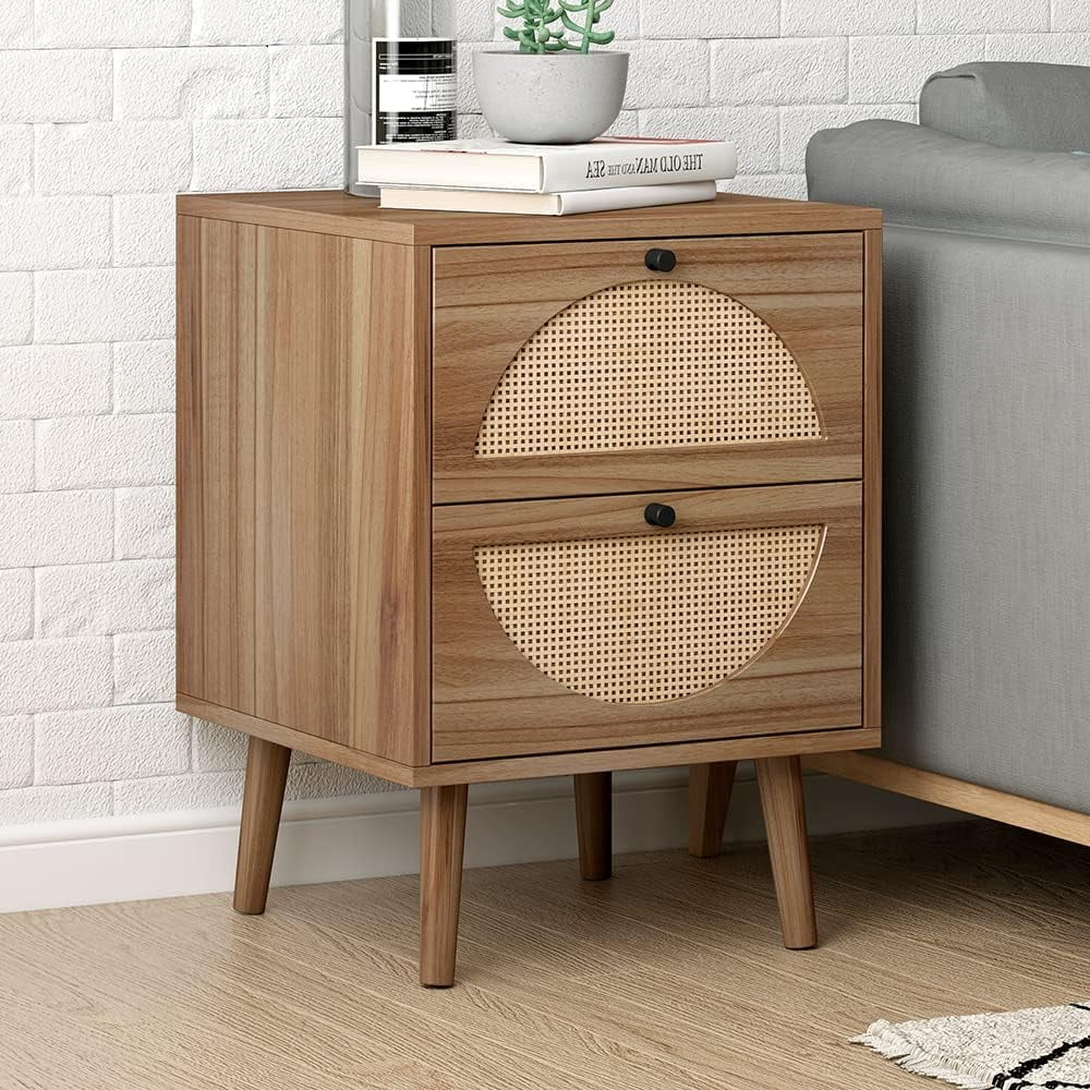 Rattan Nightstand with Drawer, Bedside Tables Side Tables Bedroom, Mid ...