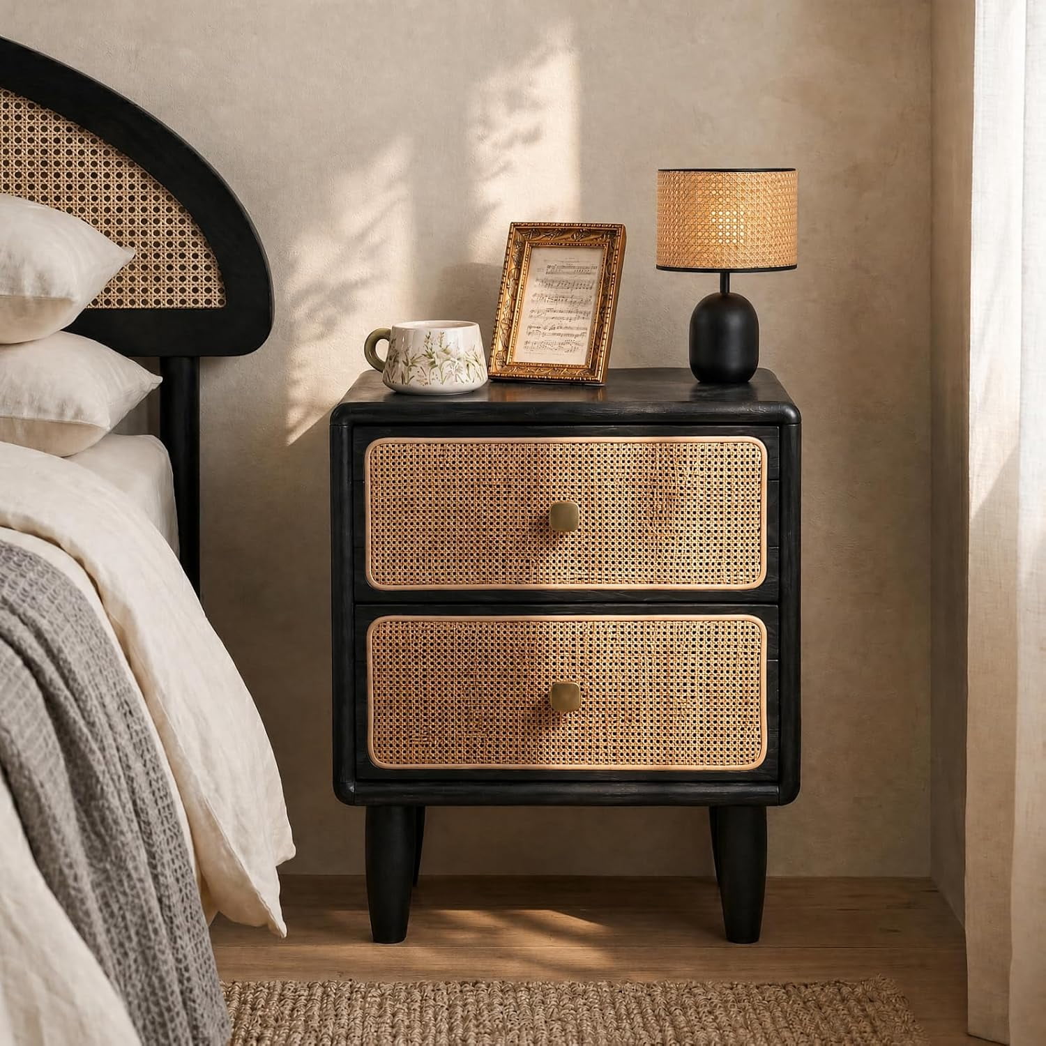 Rattan Nightstand with Drawers, 100% Solid Wood Nightstands, Mid ...