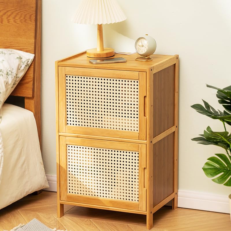 Rattan Nightstand with Drawers, 2 Tiers Night Stand with Breathable ...