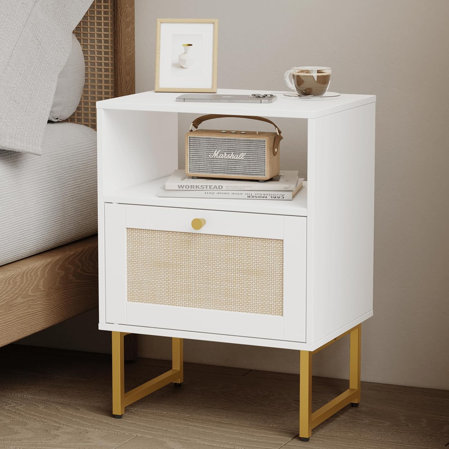 Rattan Nightstand,Farmhouse Bedside Table with Storage Drawer and Open ...