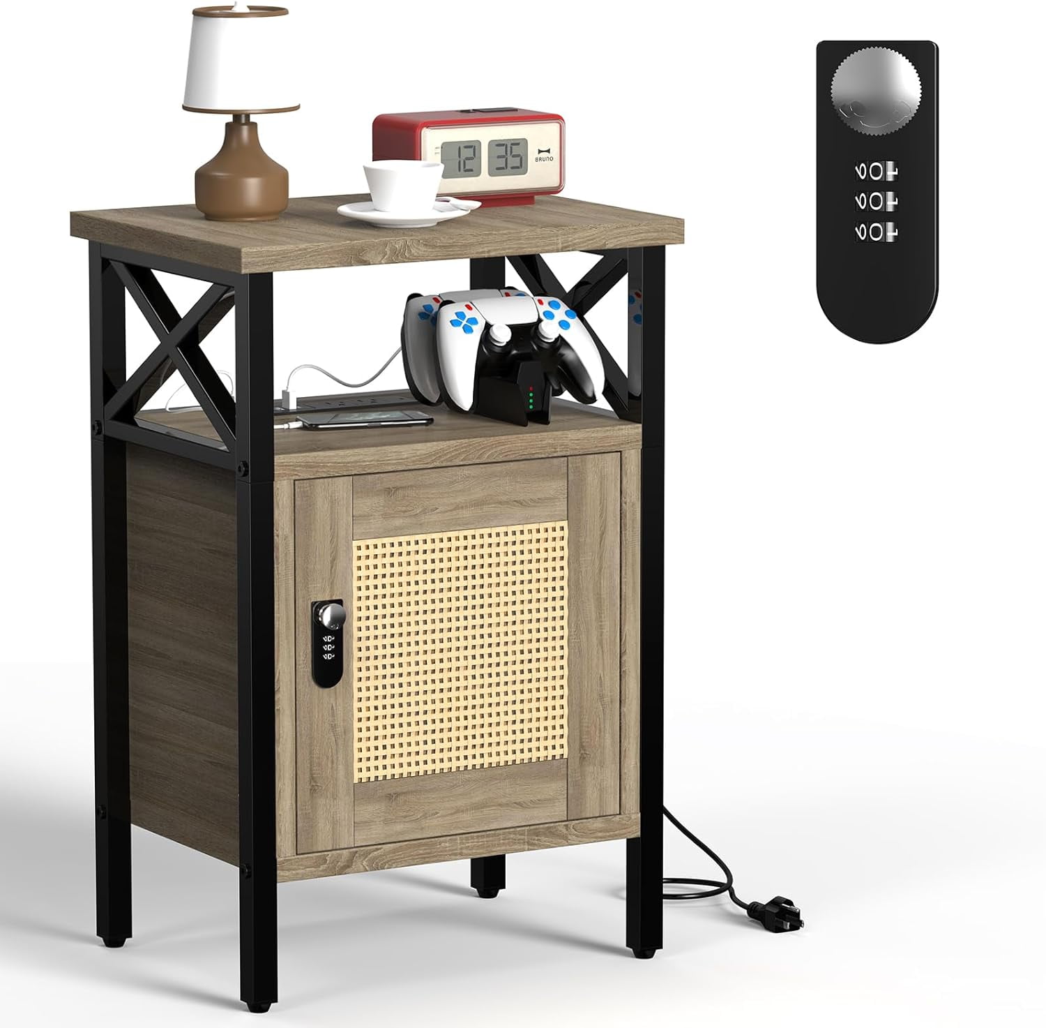 Rattan Nightstand with Lock, End Table with Charging Station, Side ...