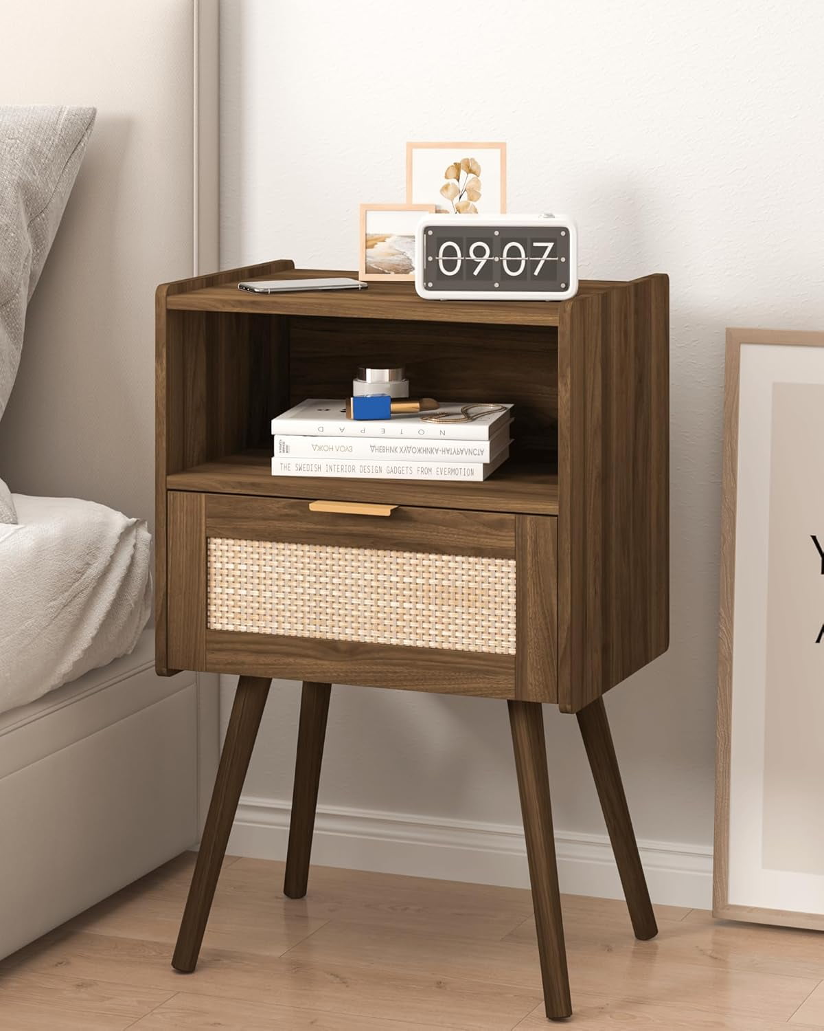 Rattan Nightstand,Modern Bedside Table with Storage Drawer and Open ...