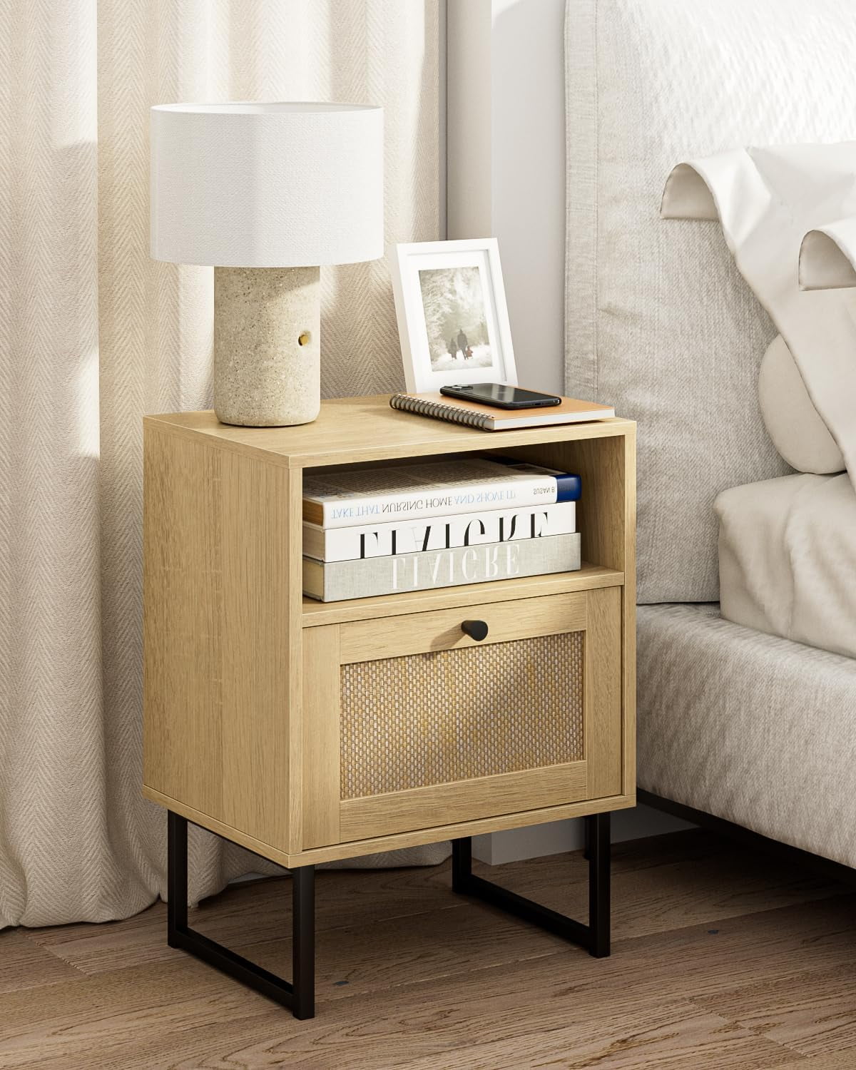 Rattan Nightstand,Modern Boho Farmhouse Wood Bedside Table with Storage ...
