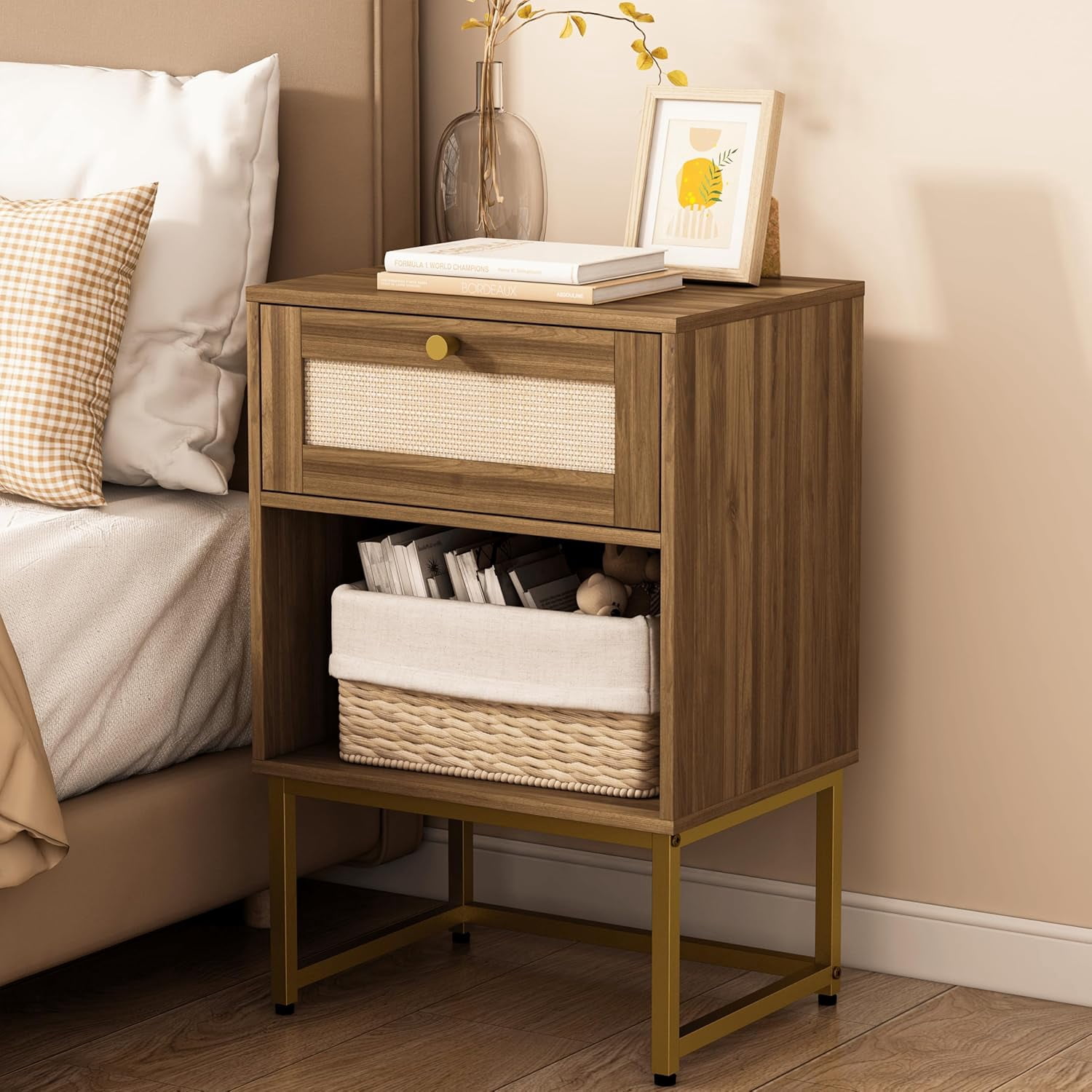 Rattan Nightstand，Modern Farmhouse Bedside Table with Storage Drawer ...