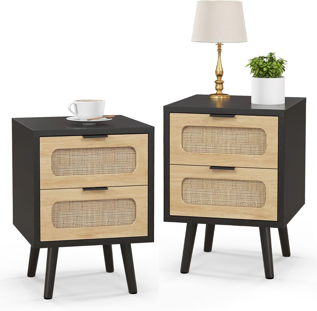 Rattan Nightstand, Night Stand Bedside Table with Drawers, Mid Century ...
