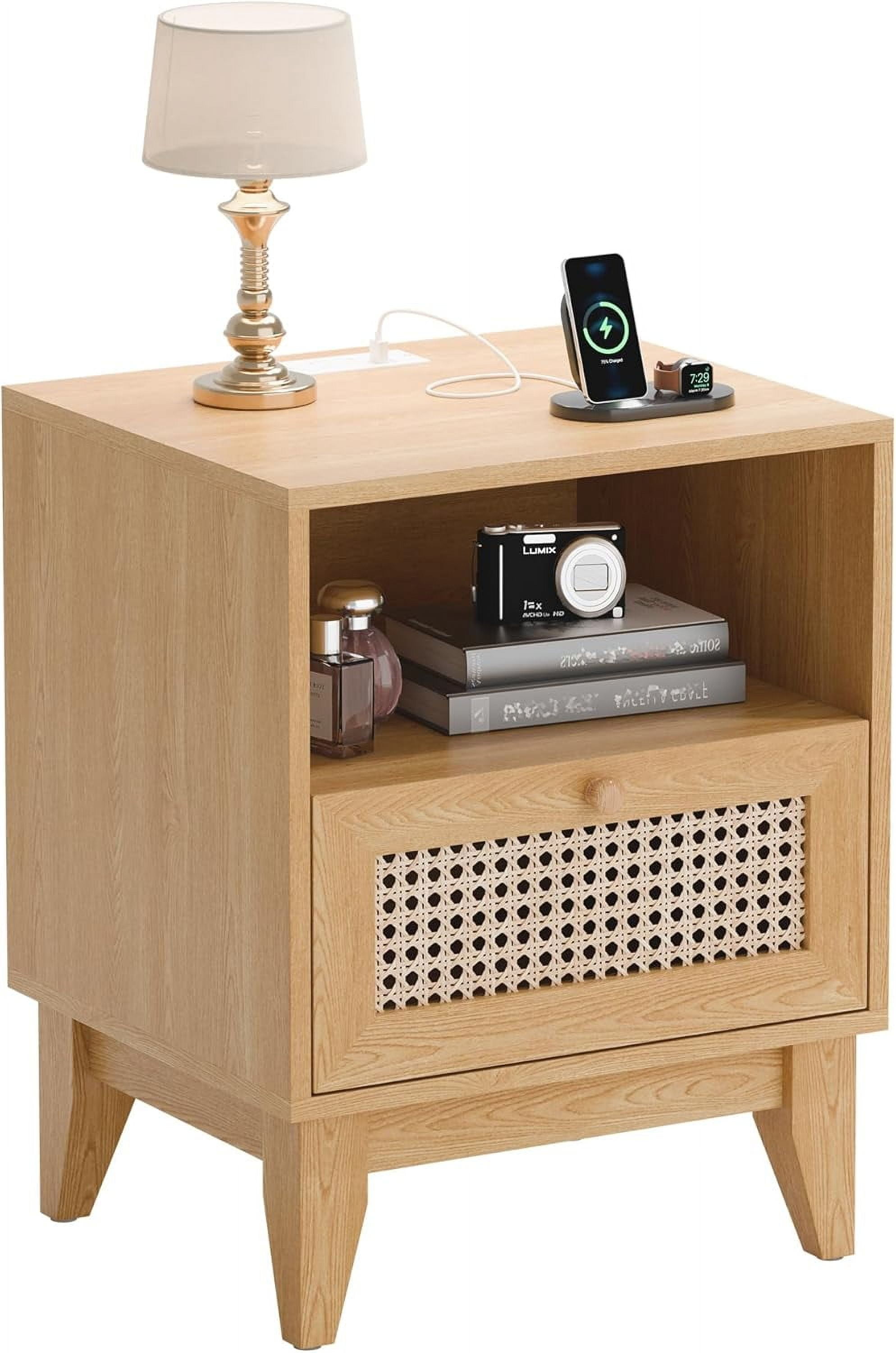 Rattan Nightstand, Night Stand with Drawers, Night Stand with Charger ...