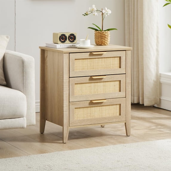Rattan Nightstand, Night Stand with 3 Drawers, Farmhouse End Table ...