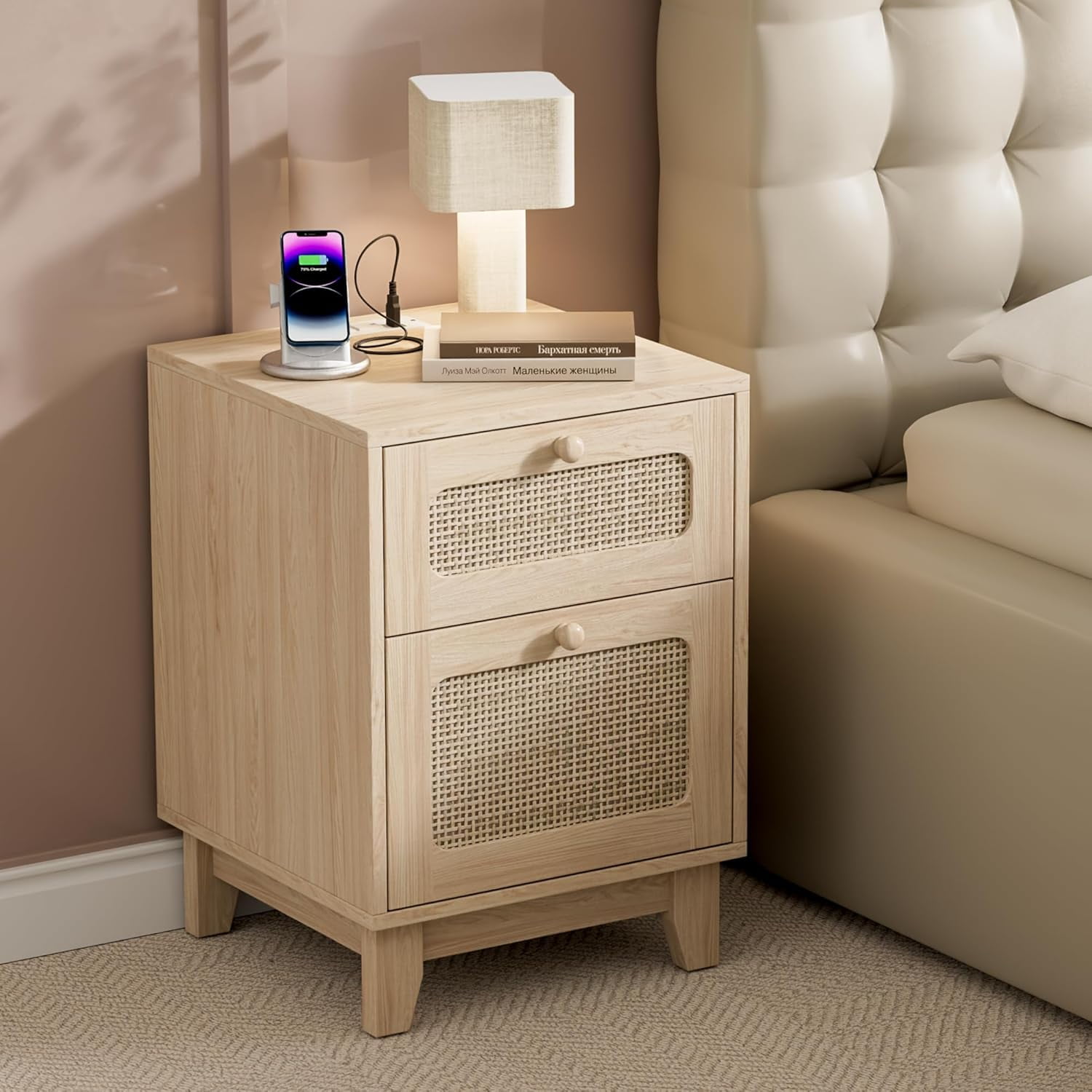 Rattan Nightstand, Night Stand with Drawer and Charging Station, Rattan ...