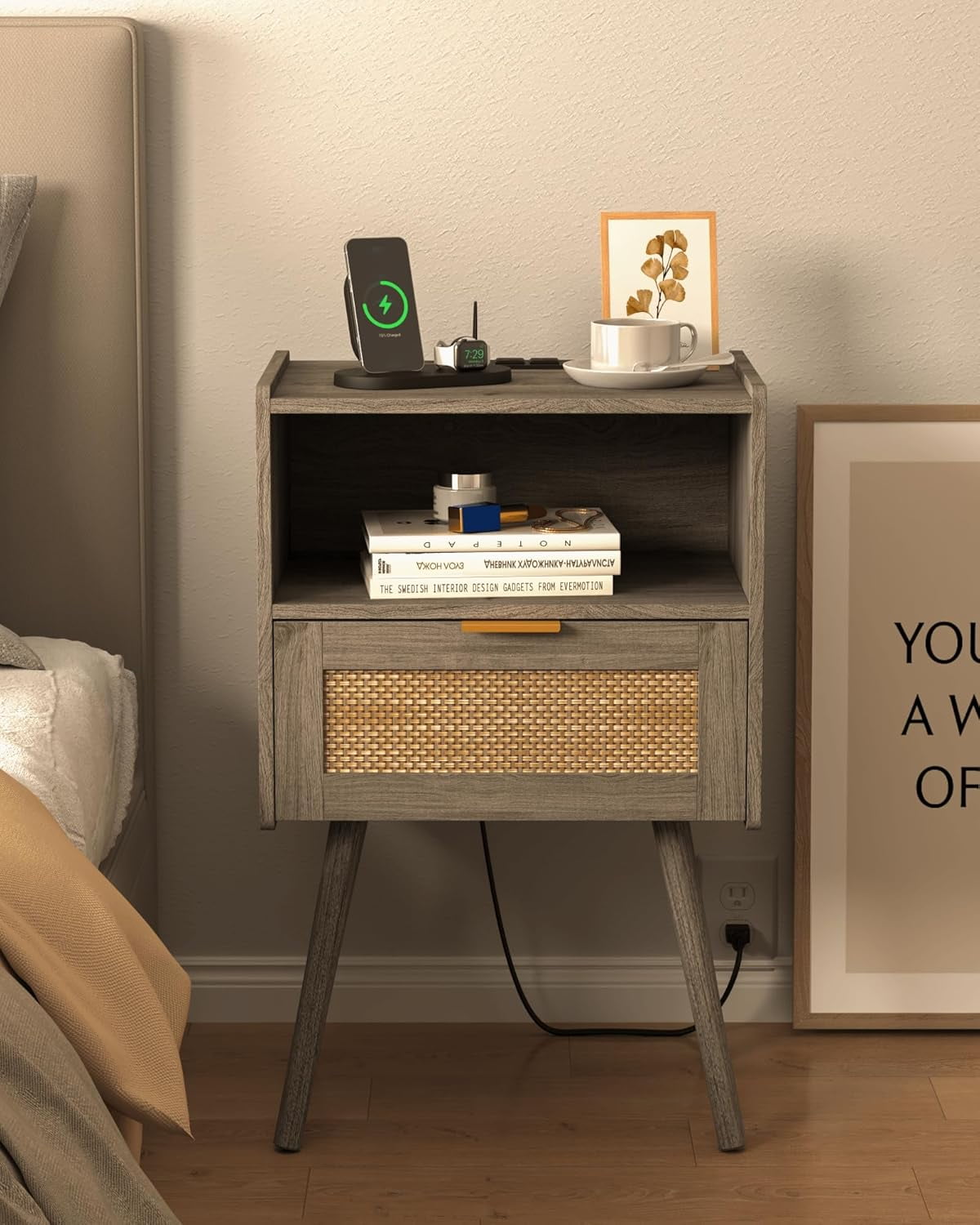 Rattan Nightstand with Outlet,Modern Bedside Table with Storage Drawer ...