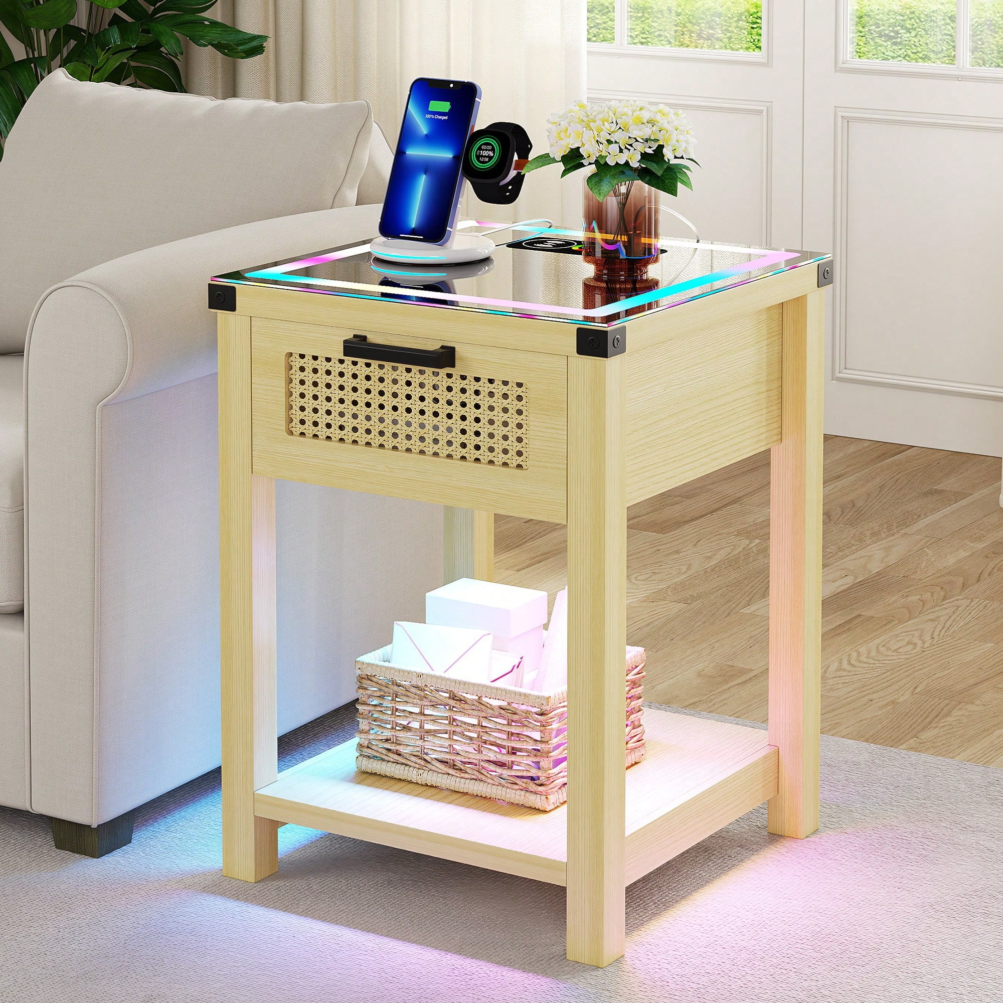 Rattan Nightstand With RGB LED Lights,Sofa Side Table With Human Sensor ...
