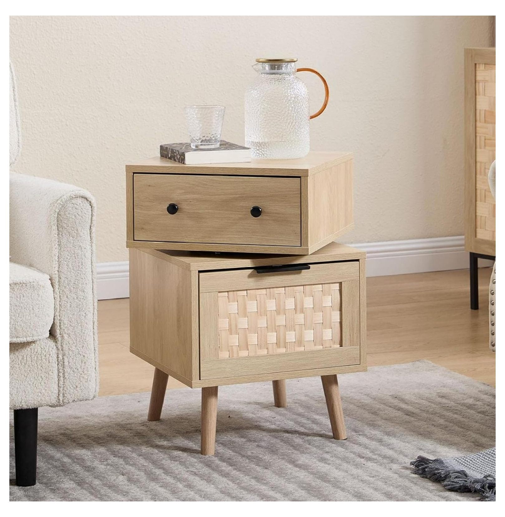 Rattan Nightstand, Rotating Bedside Table with Woven Doors, 23" Tall Boho Side Table with ...
