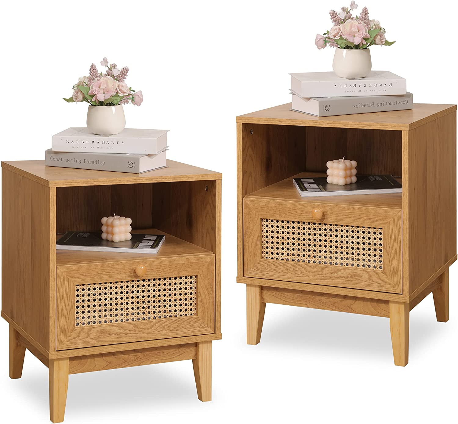 Rattan Nightstand Set of 2, Bedroom Nightstand, Boho Bedside Table ...