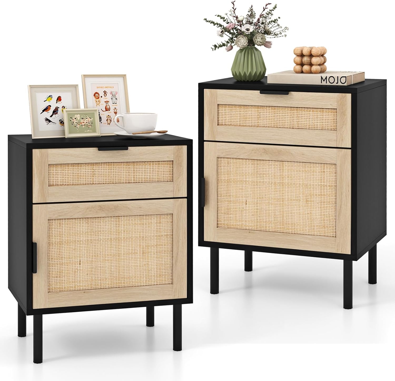 Rattan Nightstand Set of 2, Mid Century Modern End Table with Drawer ...