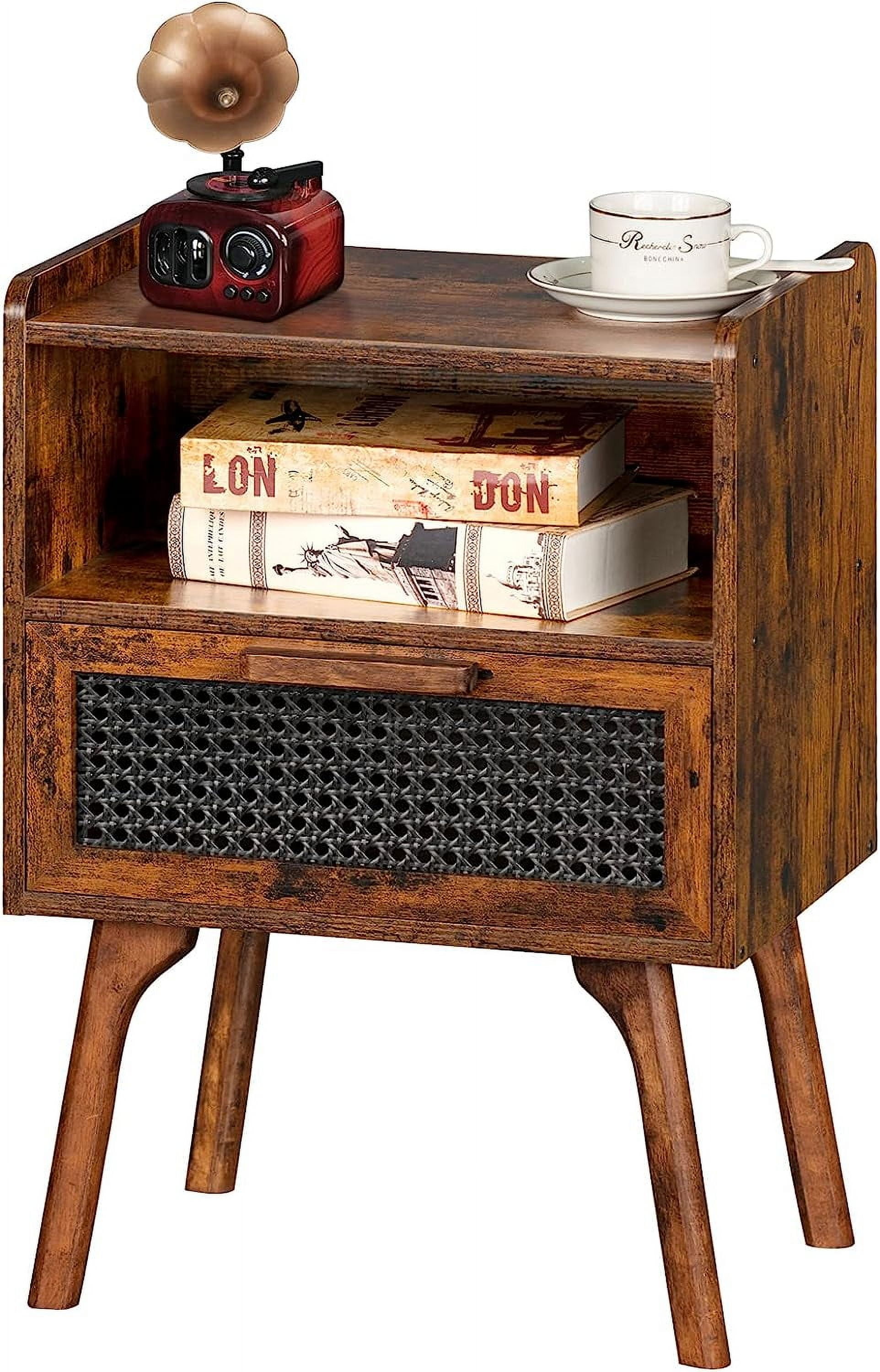 Rattan Nightstand, Side Table with Drawer Open Shelf, Cane Accent ...