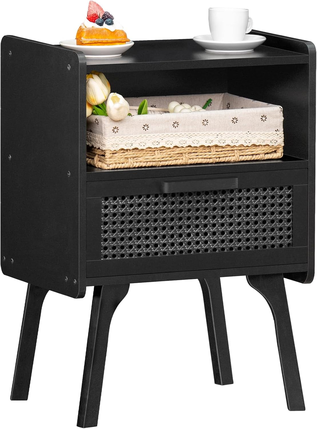 Rattan Nightstand, Side Table with Drawer Open Shelf, Cane Accent ...