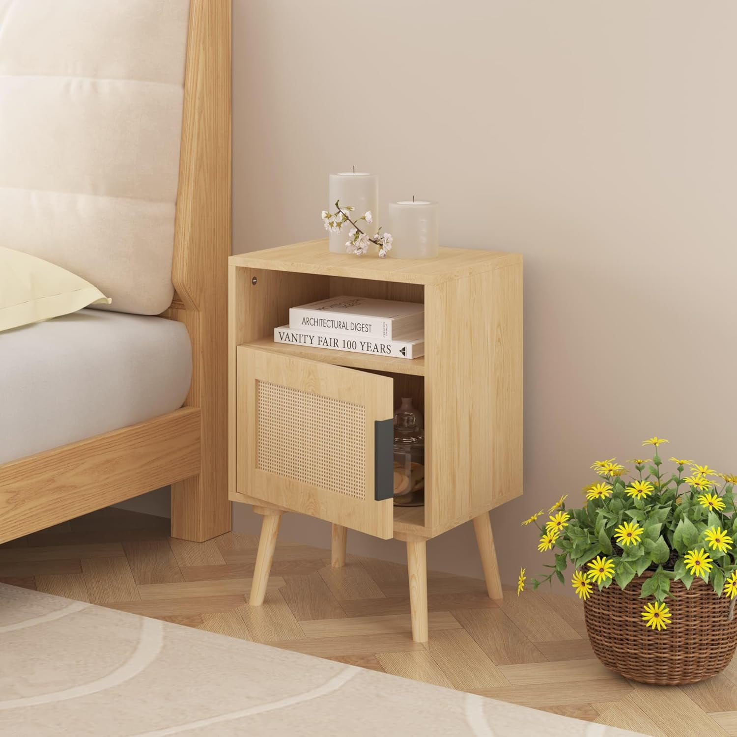 Rattan Nightstand, Side Table with Open Shelf, Accent Bedside End Table ...