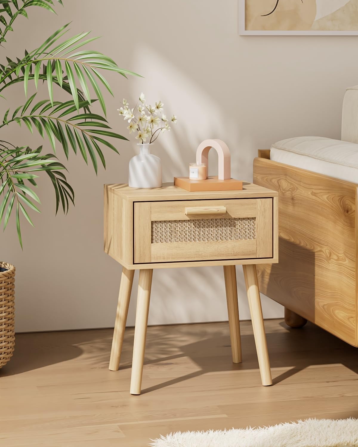 Rattan Nightstand, Small Night Stand, Side Table with Drawer Open Shelf ...