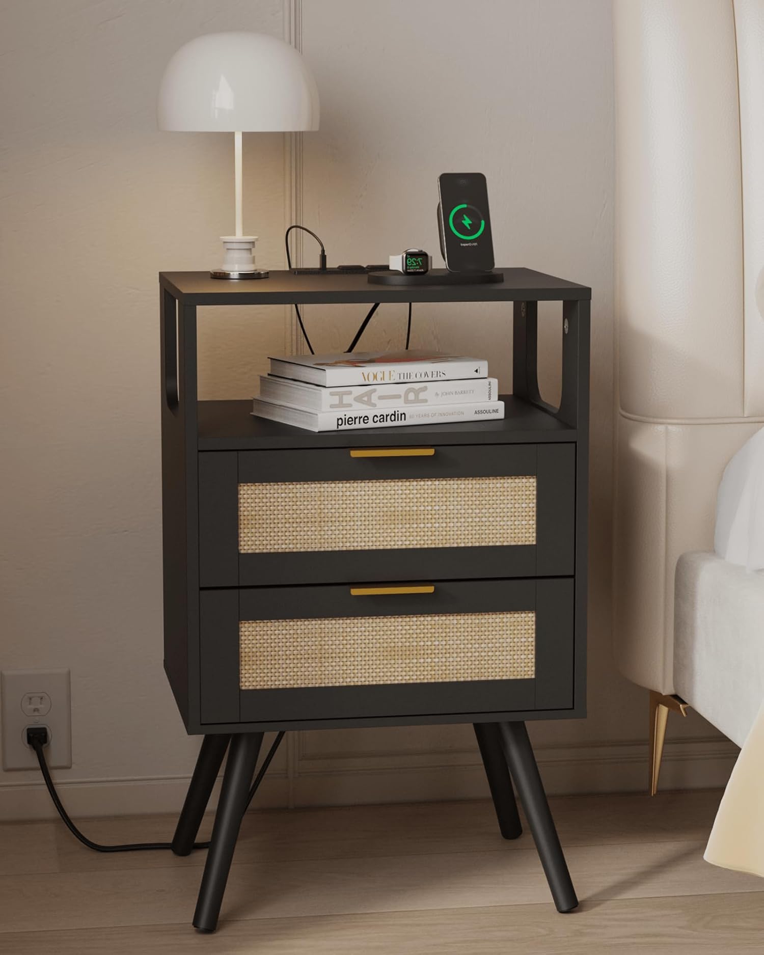 Rattan Nightstand with Station,Farmhouse Bedside Table with 2 Storage ...