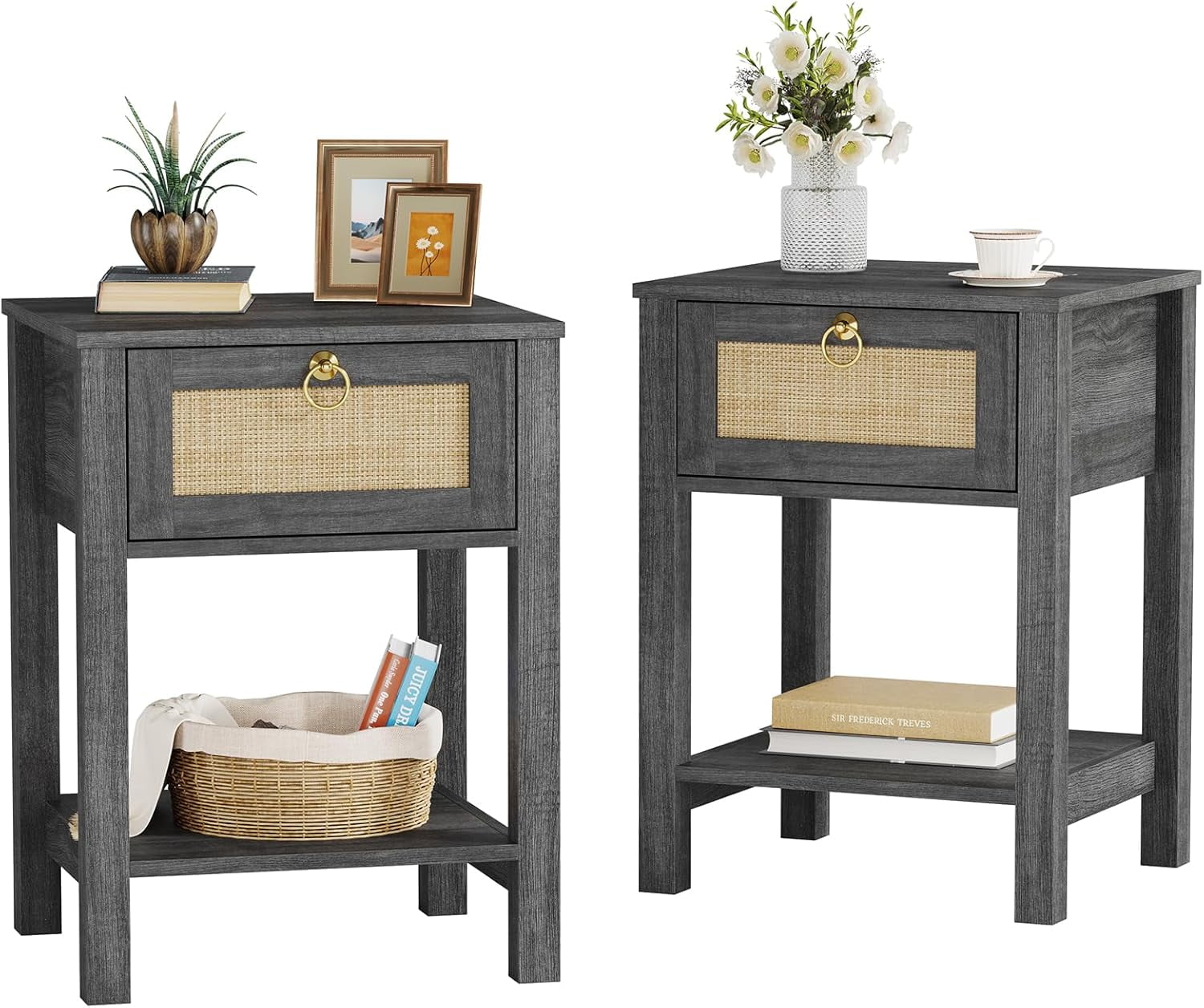 Rattan Nightstand: Sturdy White Night Stand with Rattan Decor Drawer ...