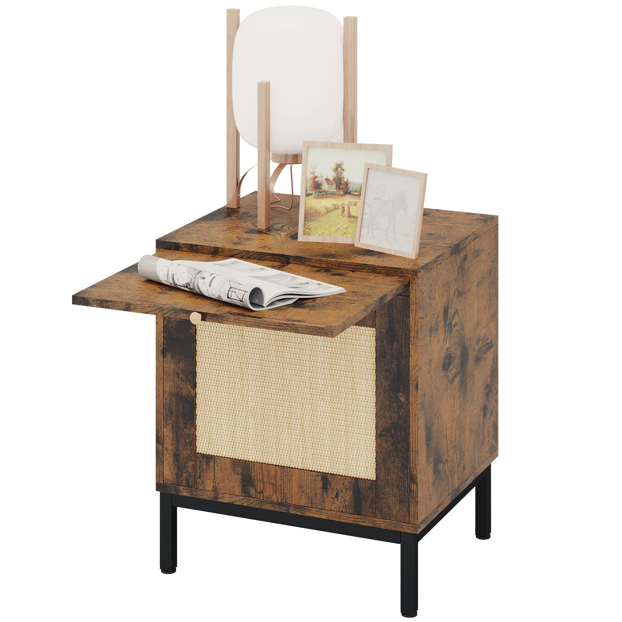 Rattan Nightstand with Tray, Mid Century Modern Side End Table, Wood ...