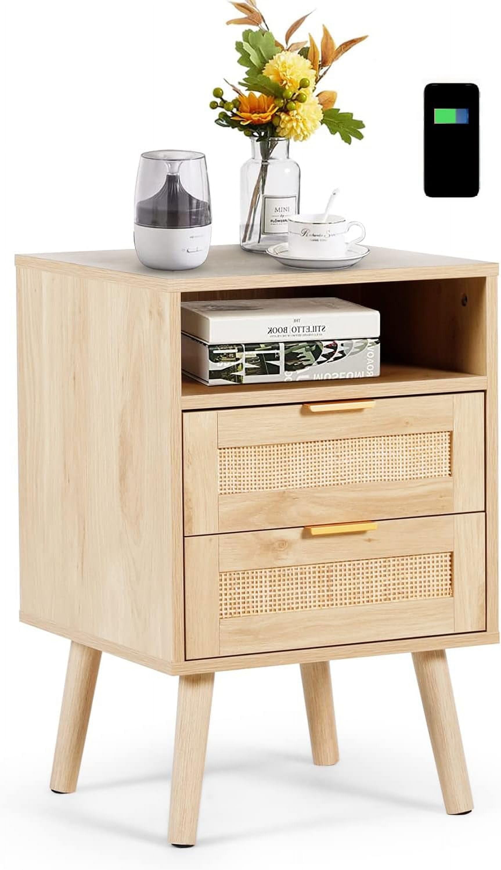 Rattan Nightstand with Wireless Charging Station Modern Bedside Tables ...