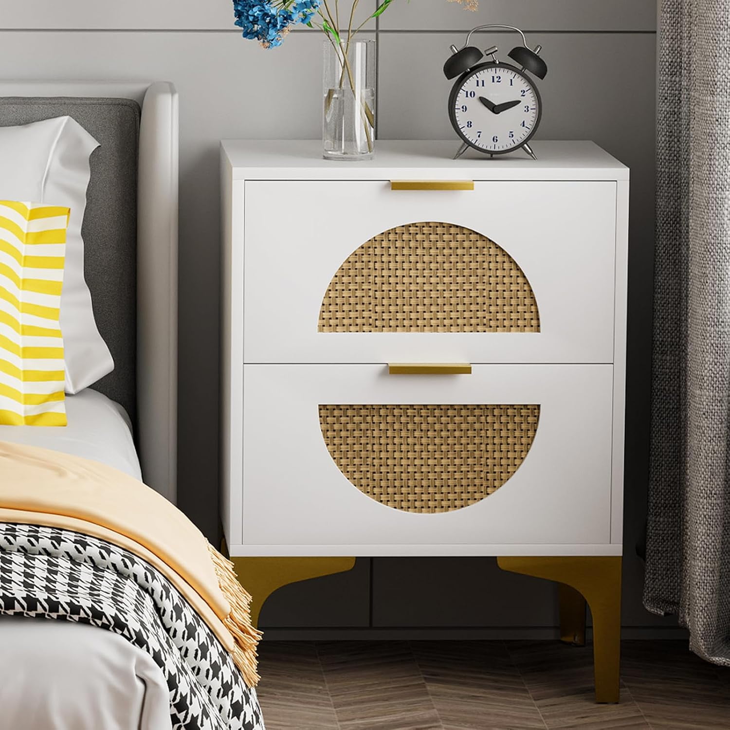 Rattan Nightstand with 2 Drawers, Wooden Boho Side Table with Storage ...