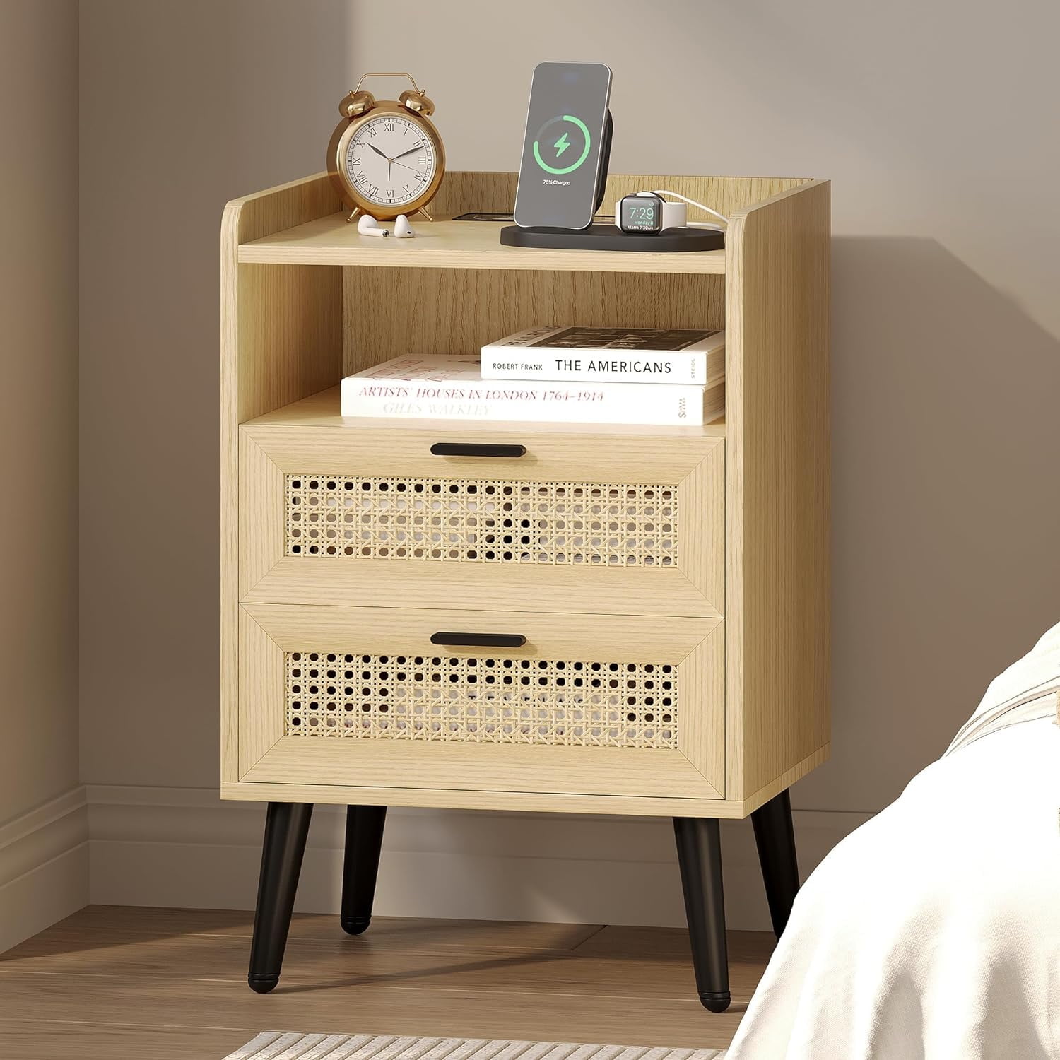 Rattan Nightstand with Charging Station, Boho Bedside Table with 2 ...