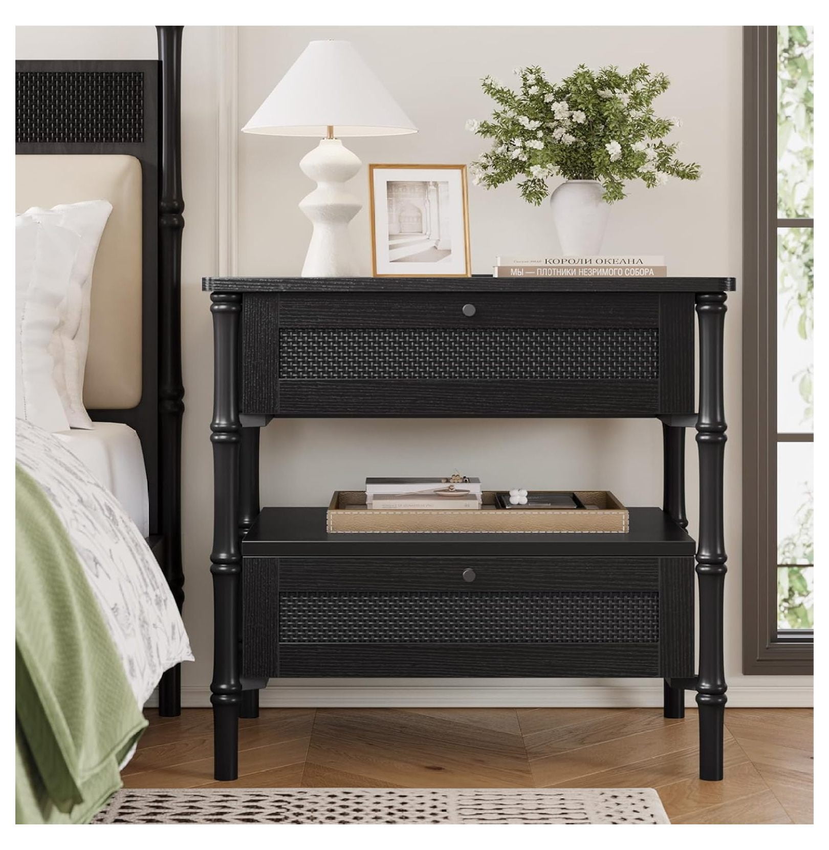 Rattan Nightstand with Charging Station,Wide Night Stand with Turned ...