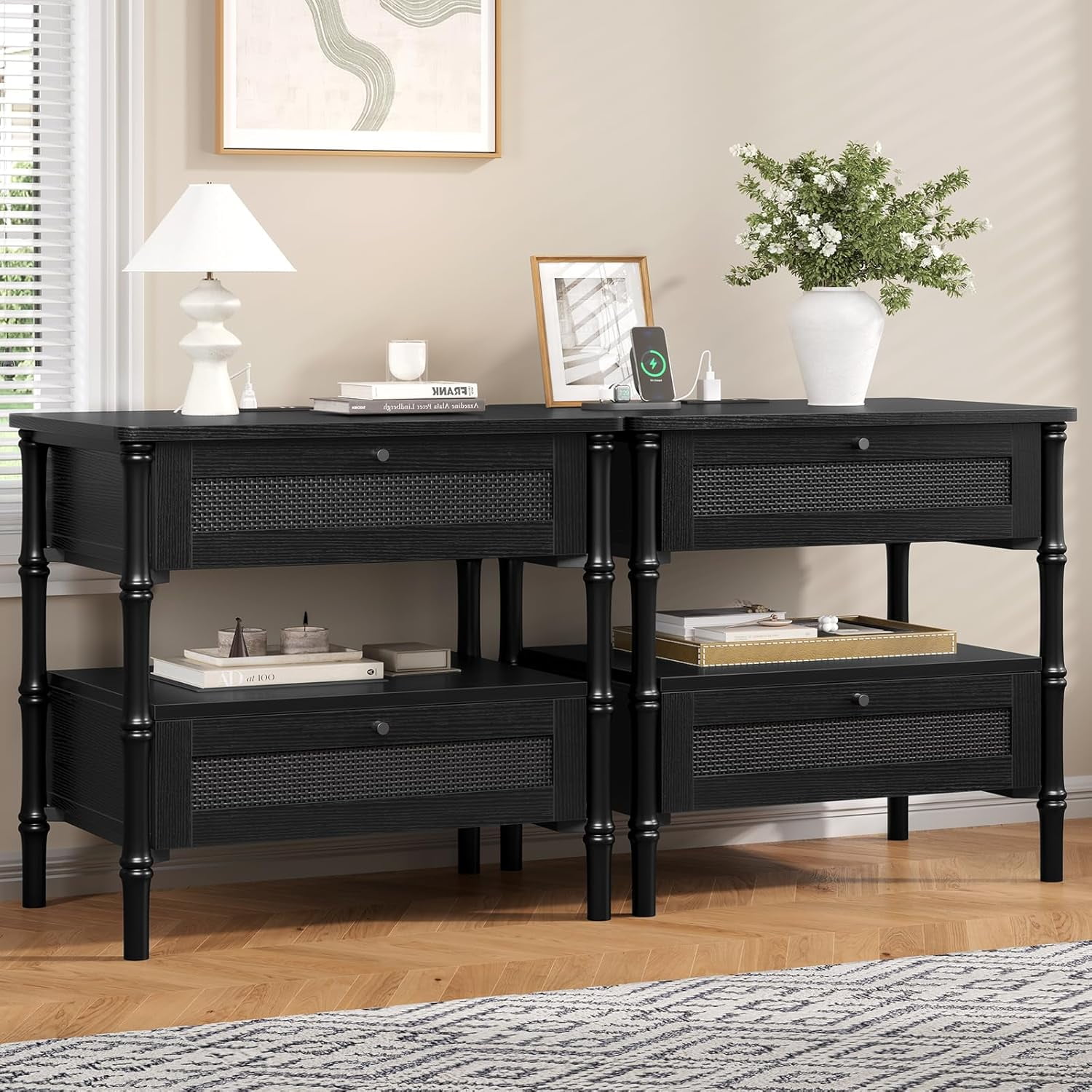 Rattan Nightstand with Charging Station,Wide Night Stand with Turned ...