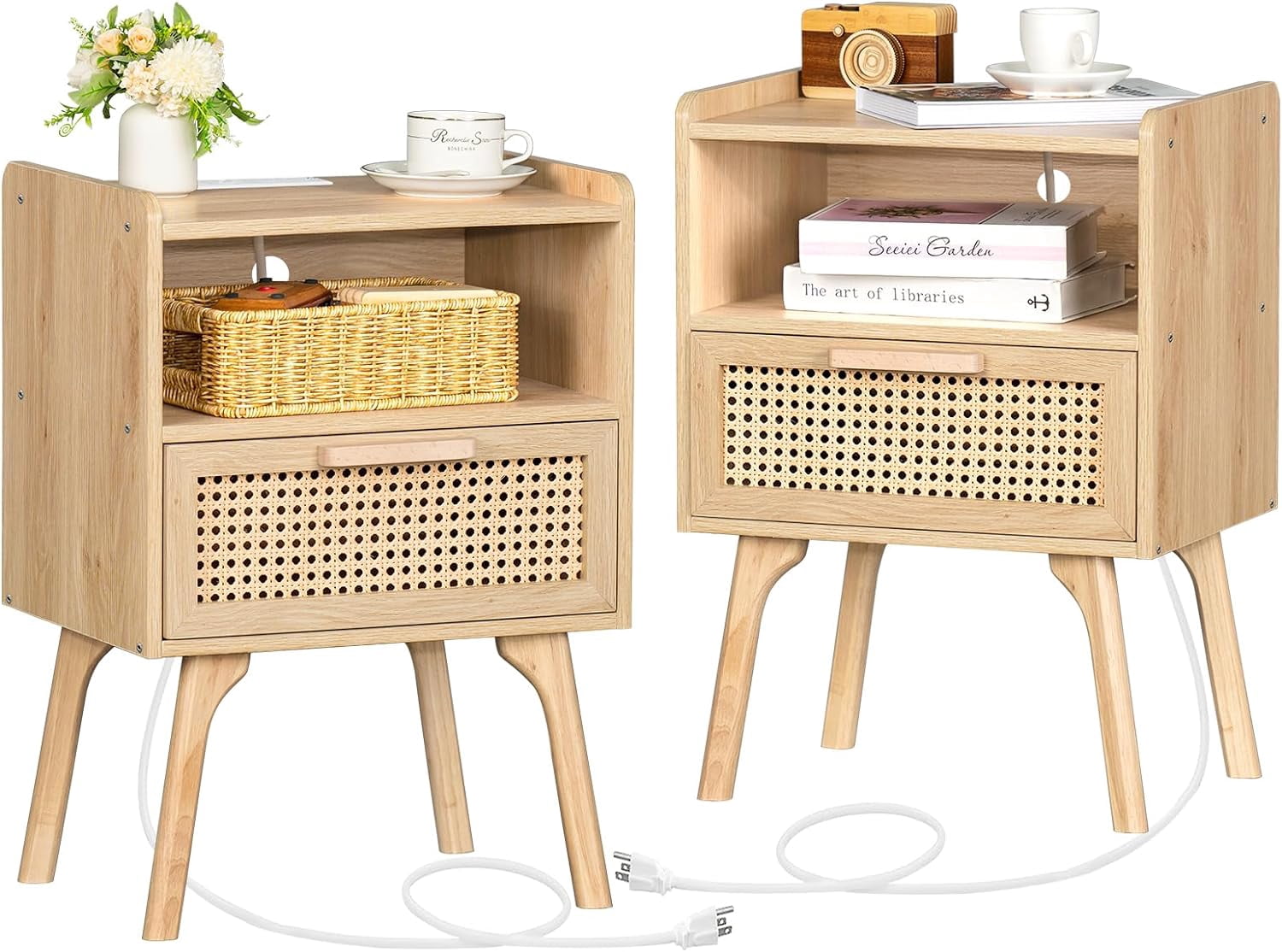 Rattan Nightstands Set of 2 with Charging Station, Boho Side Table with ...