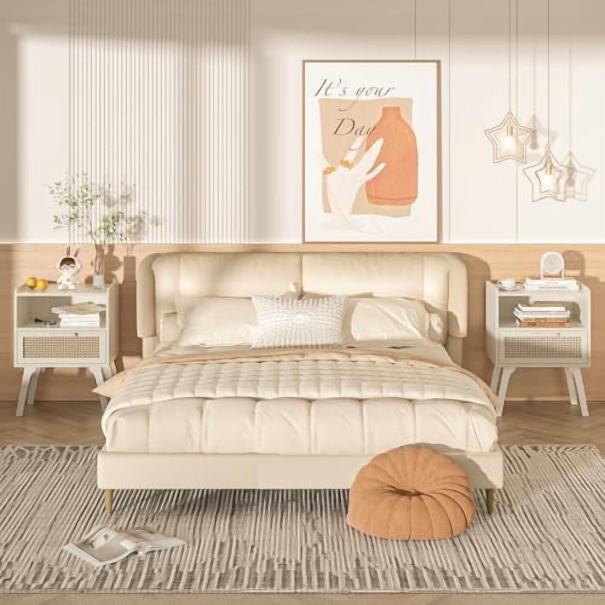 Rattan Nightstands Set of 2, Side Table with Drawer Open Shelf, Cane ...