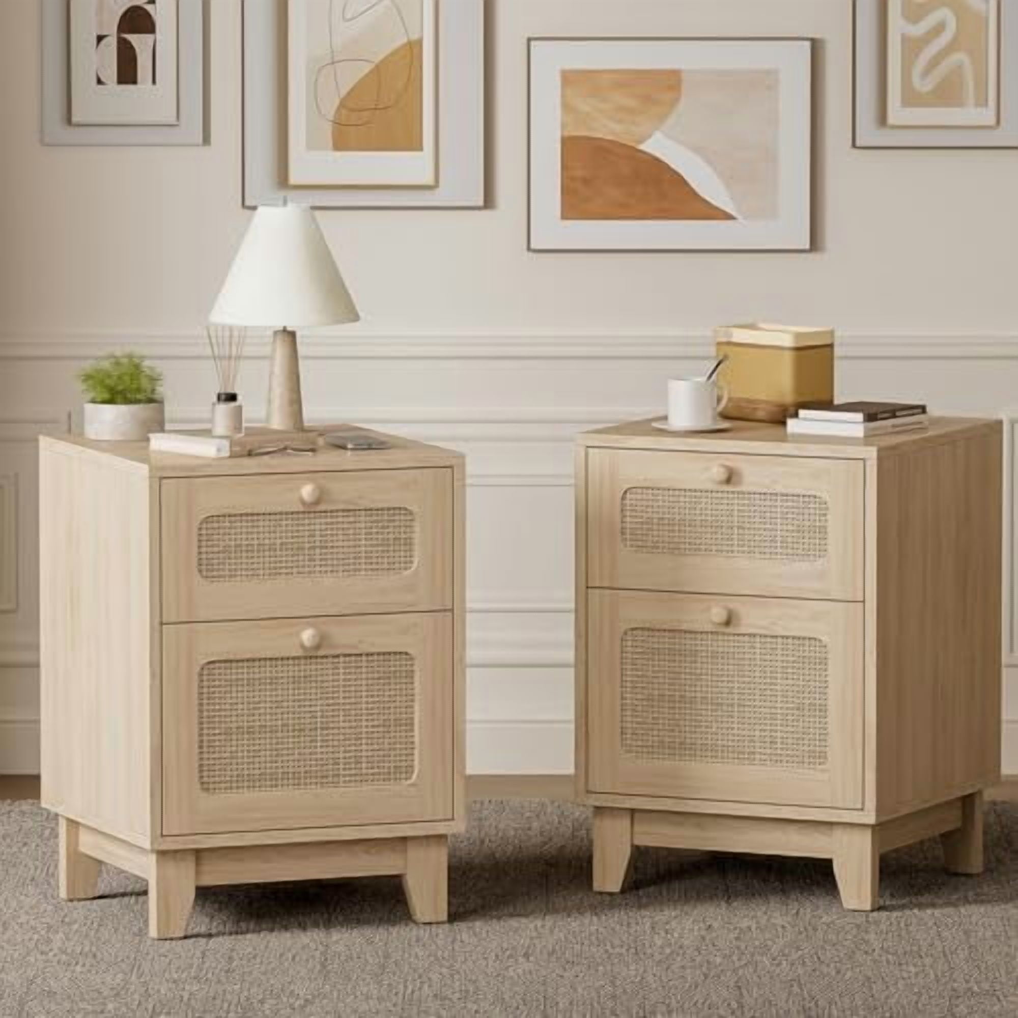 Rattan Nightstands Set of 2, Boho Night Stands with Drawer, Rattan ...