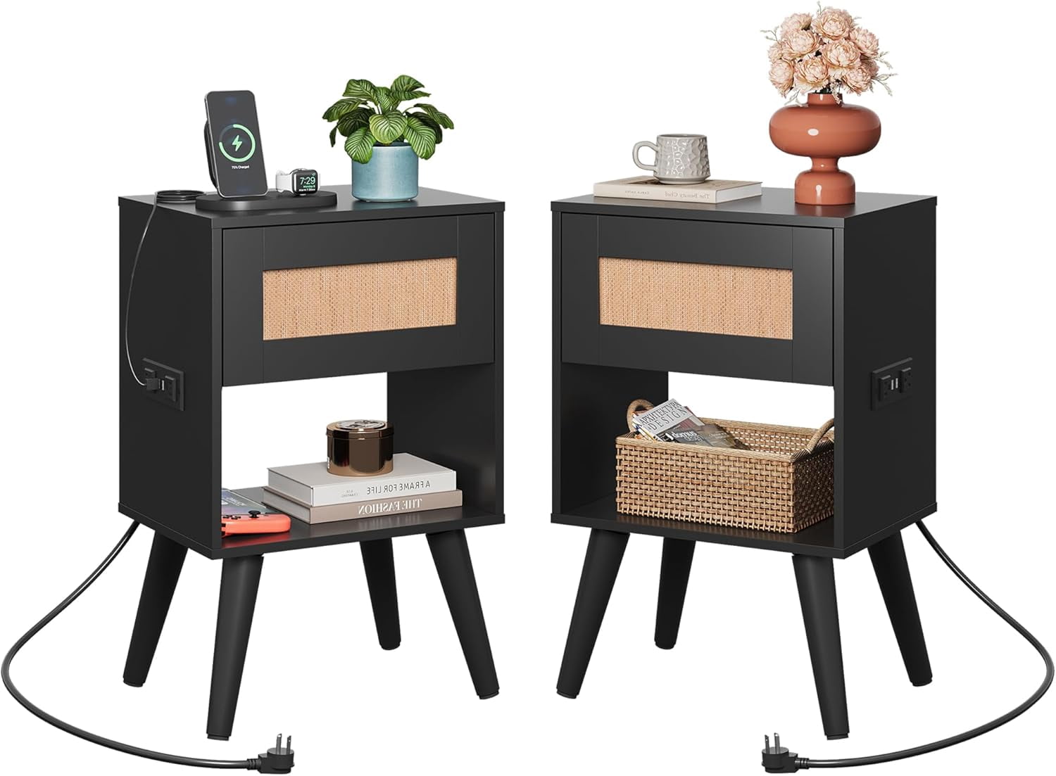 Rattan Nightstands Set of 2 with Charging Station, Boho Nightstand ...