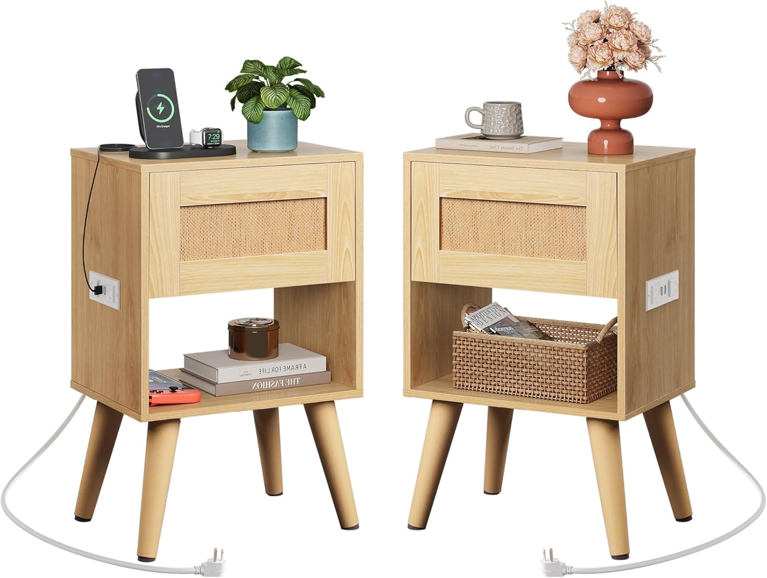Rattan Nightstands Set of 2 with Charging Station, Boho Nightstand ...