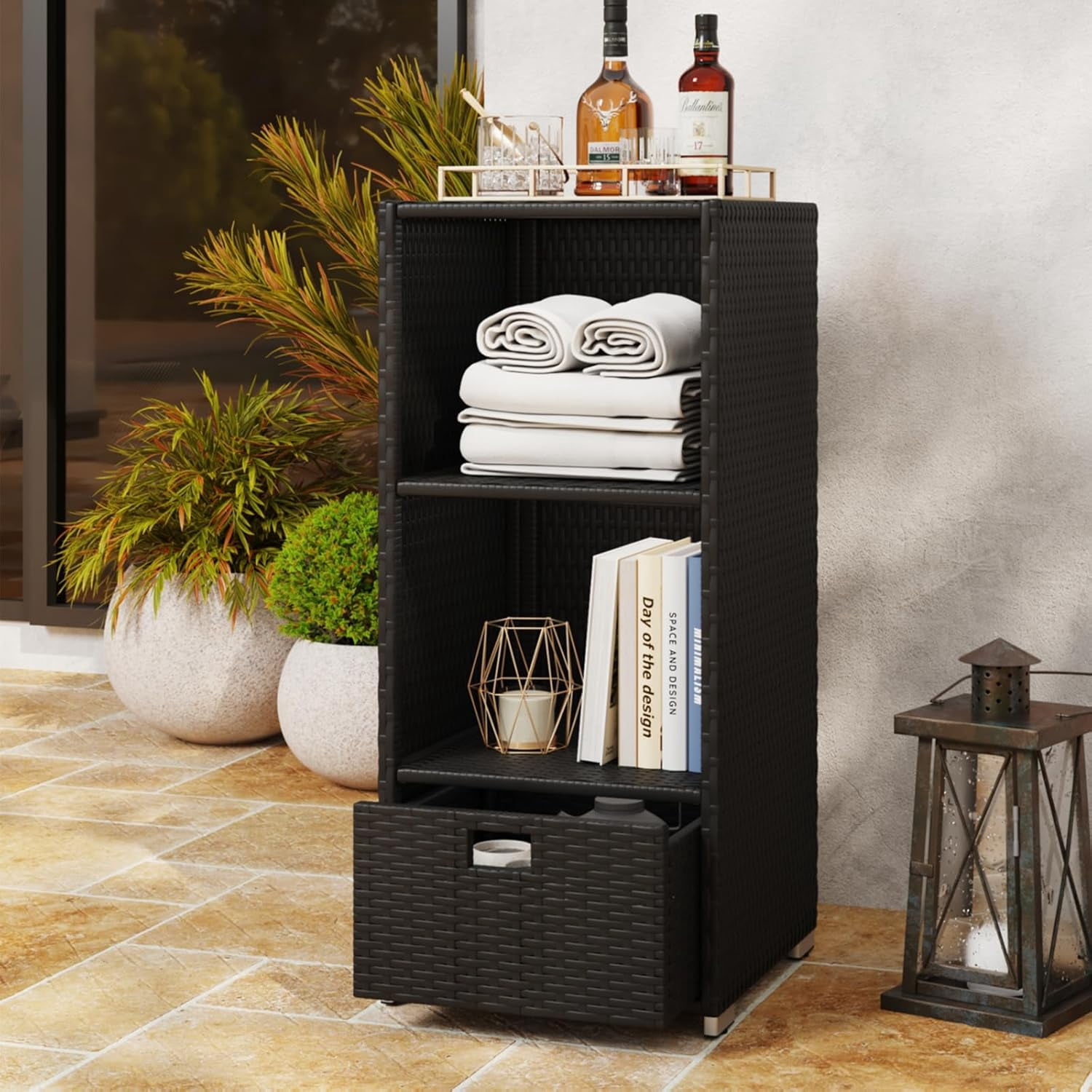 Rattan Outdoor Pool Towel Rack Cabinet, Wicker Pool Storage Bins ...