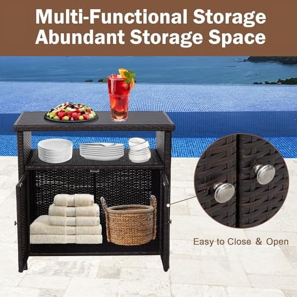 Rattan Outdoor Storage Cabinet - Waterproof Patio Bar Table with Two ...