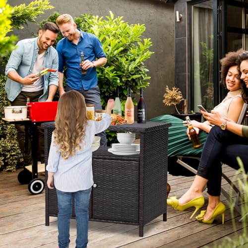 Rattan Outdoor Storage Cabinet - Waterproof Patio Bar Table with Two ...