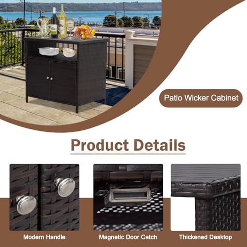 Rattan Outdoor Storage Cabinet - Waterproof Patio Bar Table with Two ...