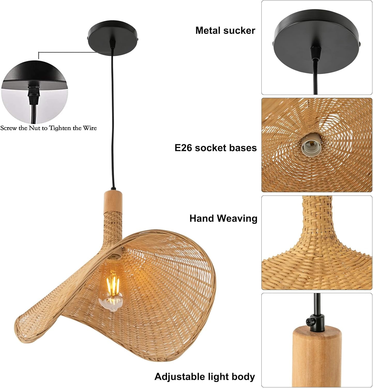 Rattan Pendant Light Fixture - Straw Hat Shape Rustic Farmhouse Hanging ...